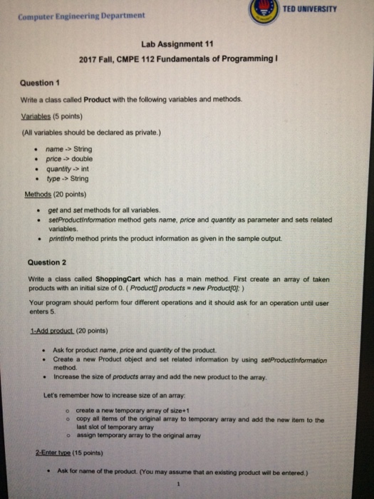 Solved TED UNIVERSITY Computer Engineering Department Lab | Chegg.com