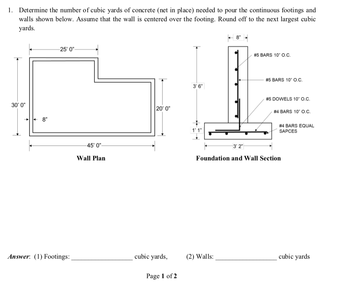 Solved 1. Determine the number of cubic yards of concrete | Chegg.com