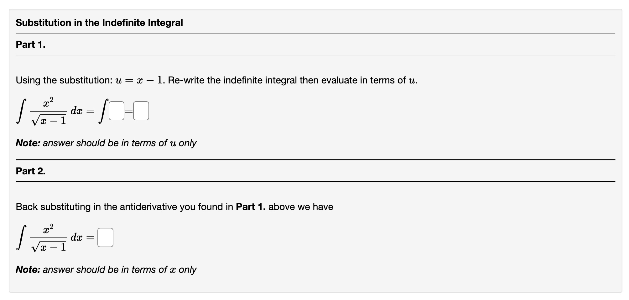 Solved Using the substitution: u=x−1. Re-write the | Chegg.com