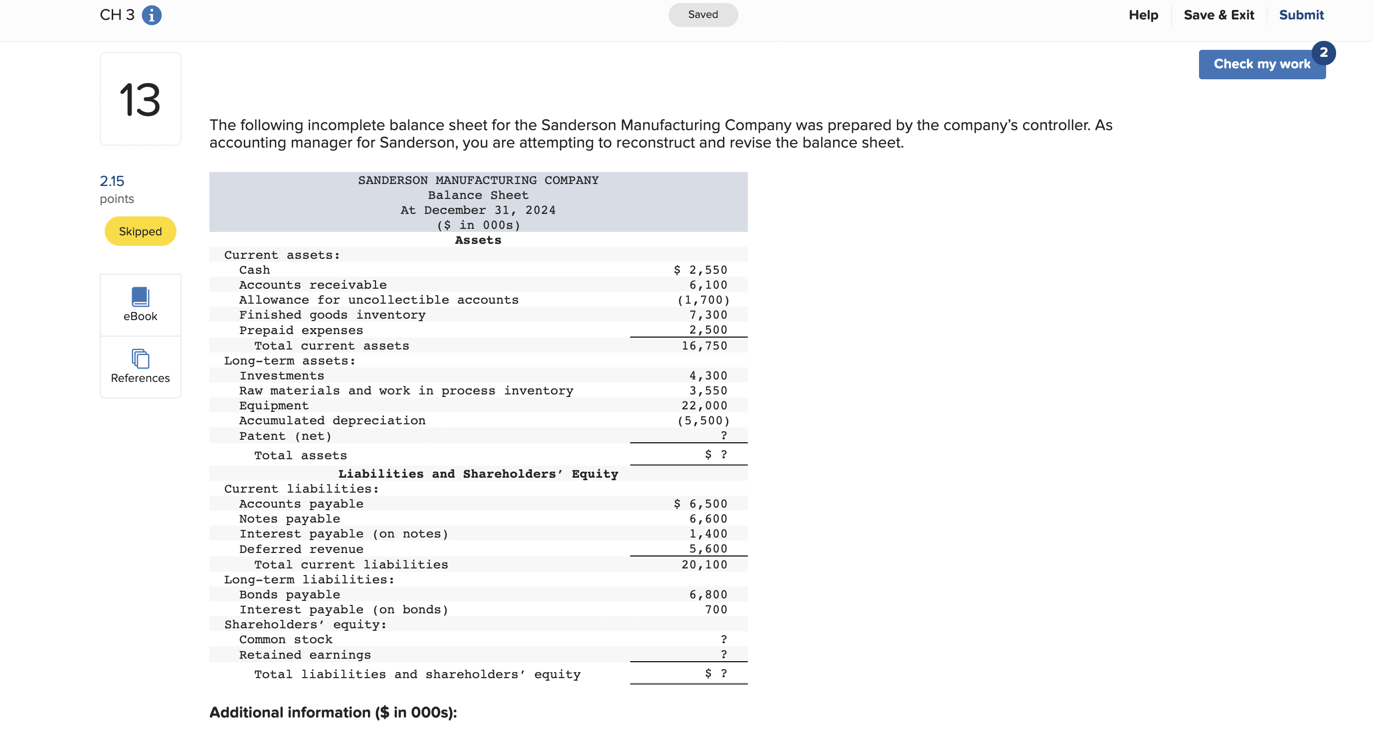 Solved Additional information ($ in 000s):Certain records | Chegg.com