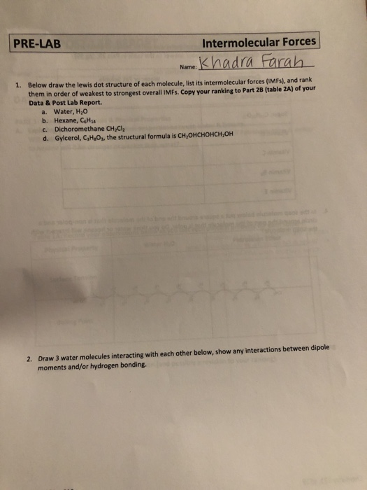Solved PRE-LAB Intermolecular Forces me Khadra Farah Below | Chegg.com
