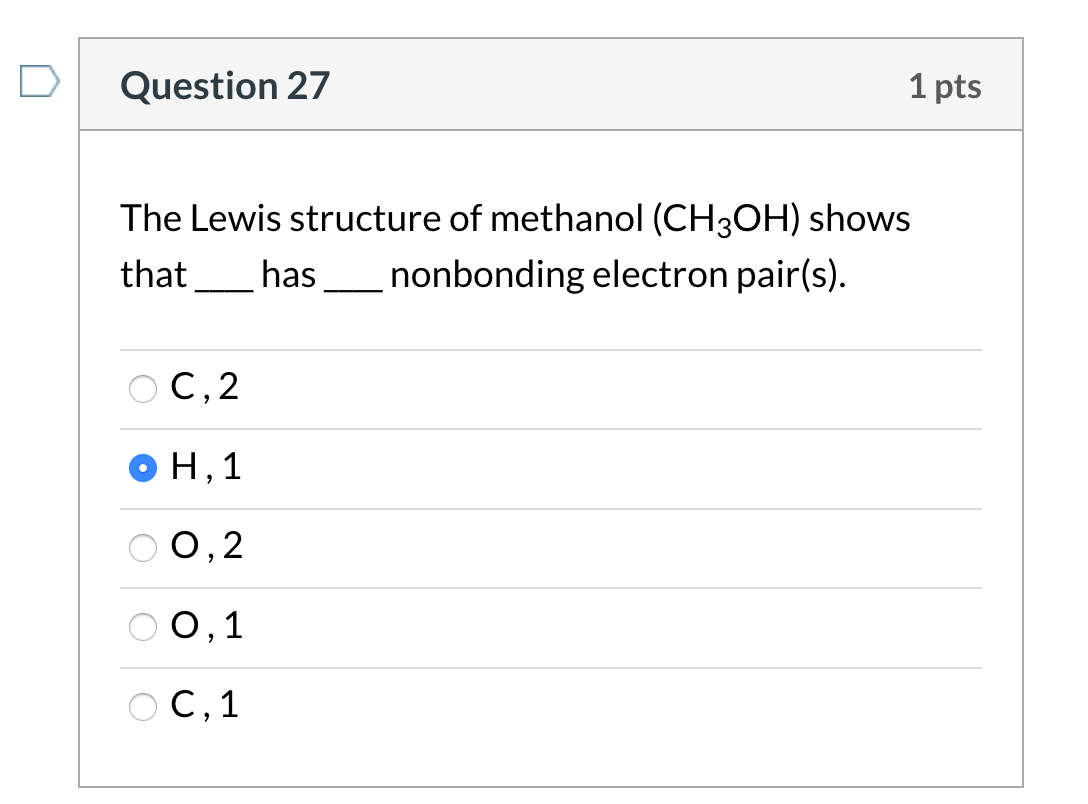 Solved Question 27 1 pts The Lewis structure of methanol | Chegg.com