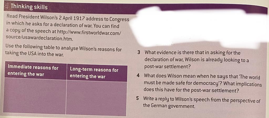 Thinking skills Read President Wilson's 2 April 1917 | Chegg.com