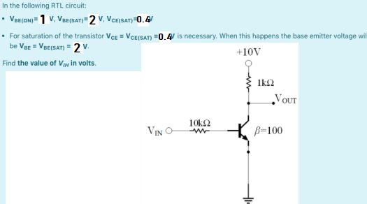 Solved In the following RTL circuit: • Vee/on=1 V, VBE/SAT=2 | Chegg.com