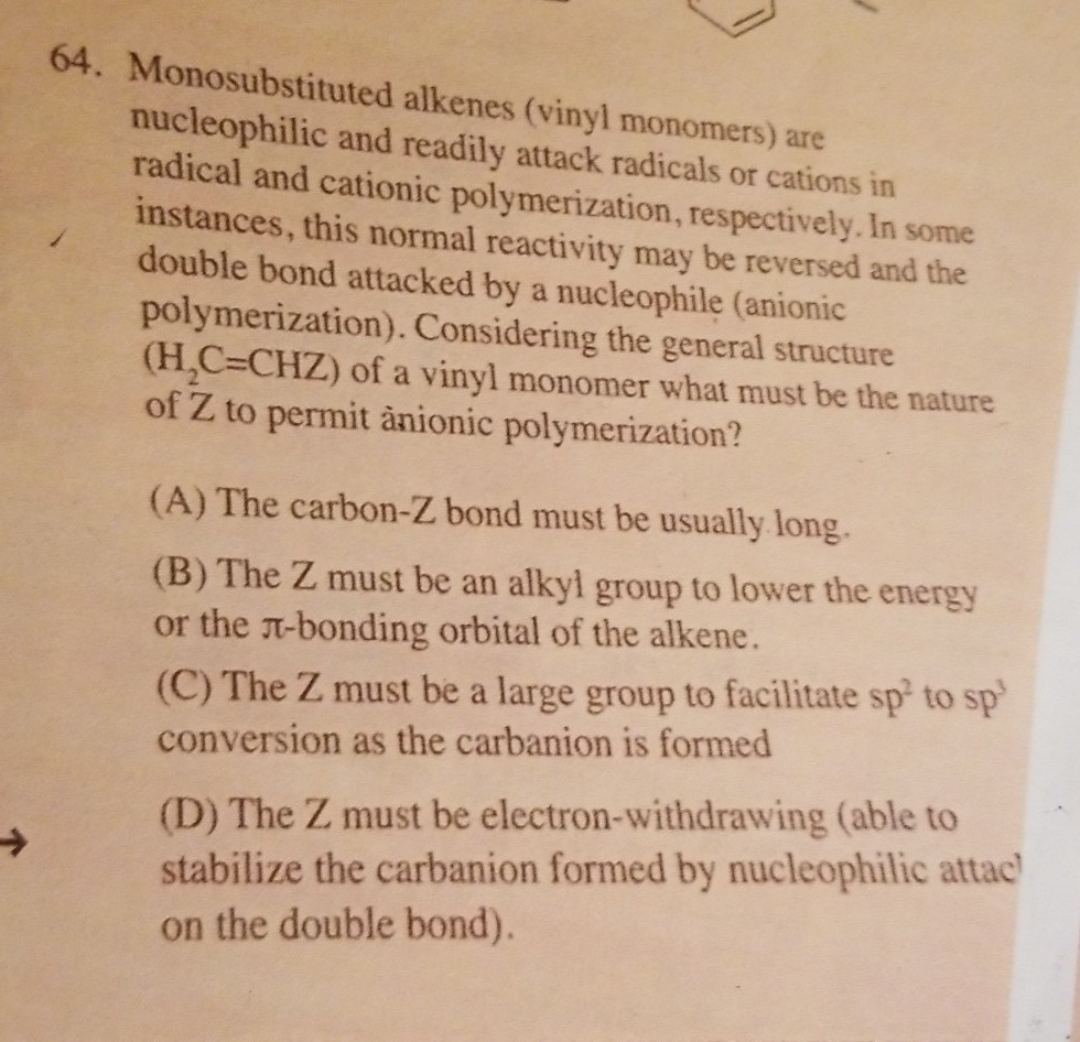 Solved 64. Monosubstituted alkenes (vinyl monomers) are | Chegg.com