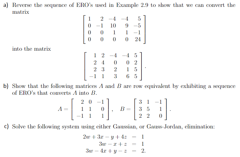a) Reverse the sequence of ERO's used in Example 2.9 | Chegg.com