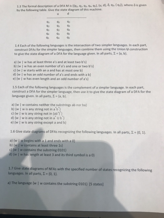 Solved 1.3 The formal description of a DFA M is (qi, qe qa | Chegg.com