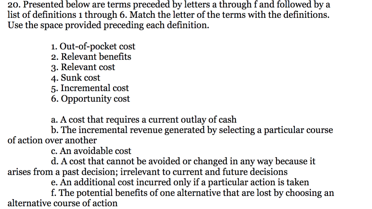 Solved 20. Presented below are terms preceded by letters a | Chegg.com