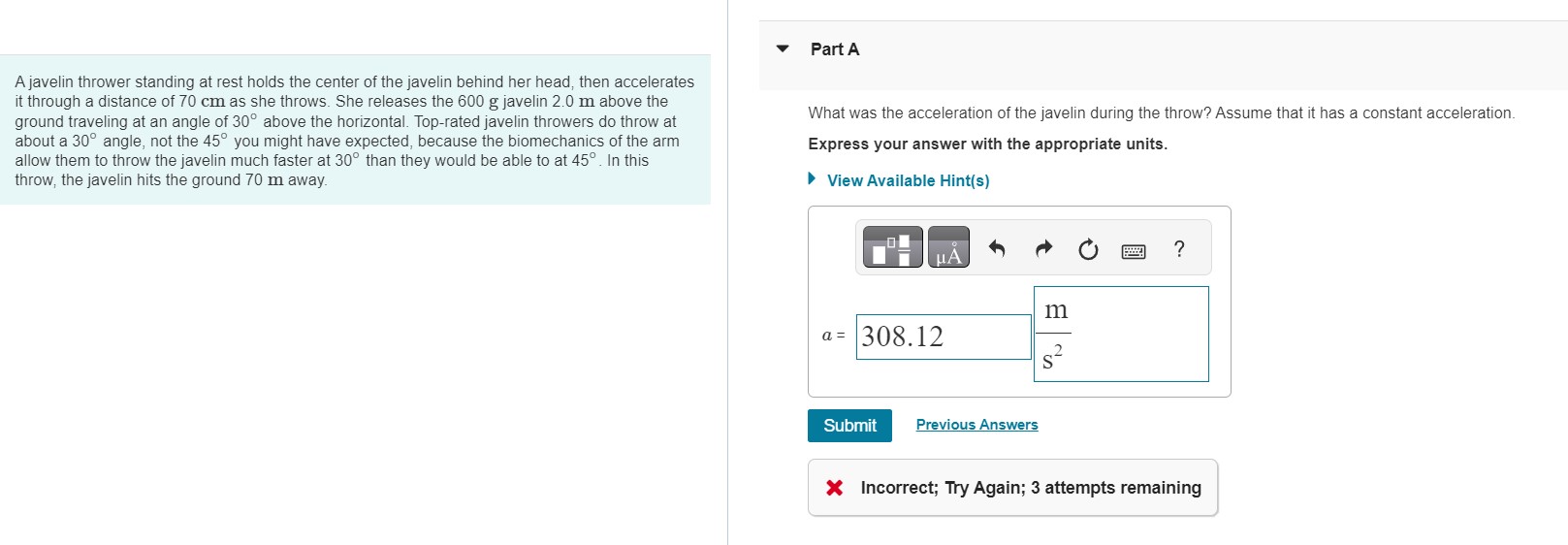 Solved A javelin thrower standing at rest holds the center | Chegg.com
