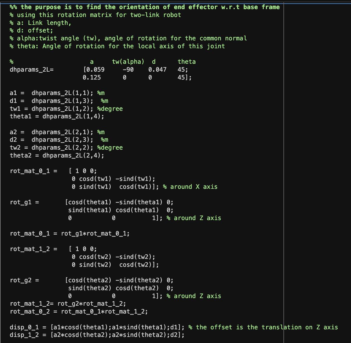 Solved Use the forward kinematics scheme in MATLAB to | Chegg.com