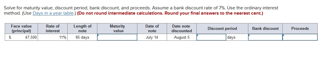Solved Solve for maturity value, discount period, bank | Chegg.com