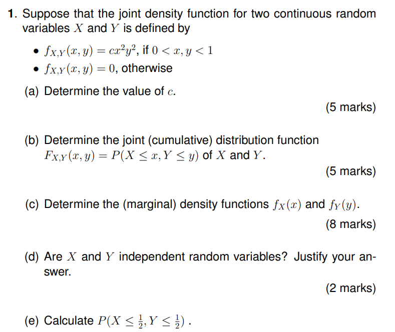 Solved 1. Suppose that the joint density function for two | Chegg.com