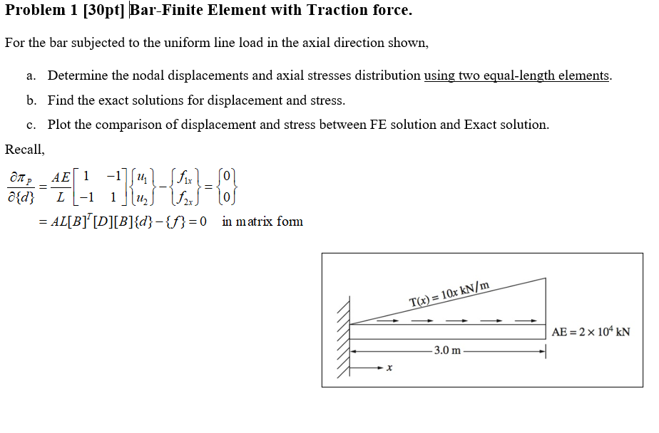 Problem 1 [30pt] Bar-Finite Element with Traction | Chegg.com
