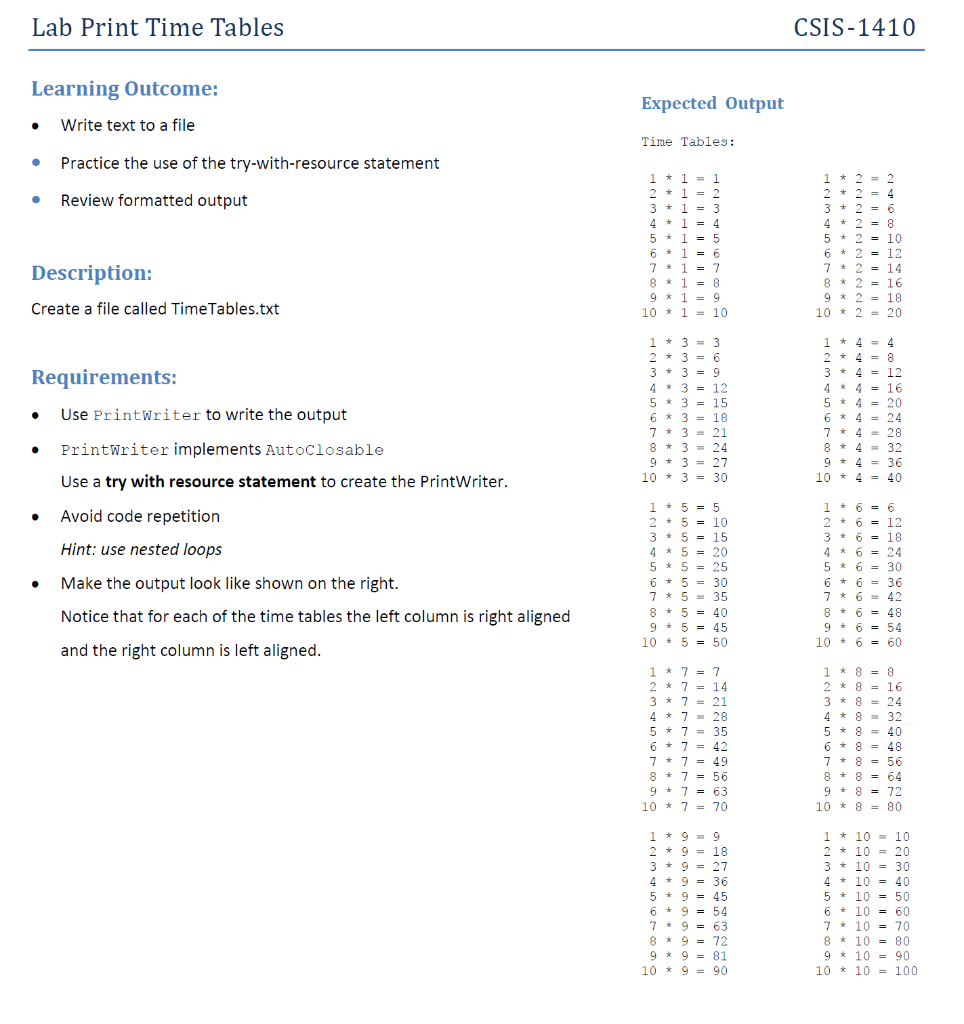 Solved Lab Print Time Tables Csis 1410 Learning Outcome