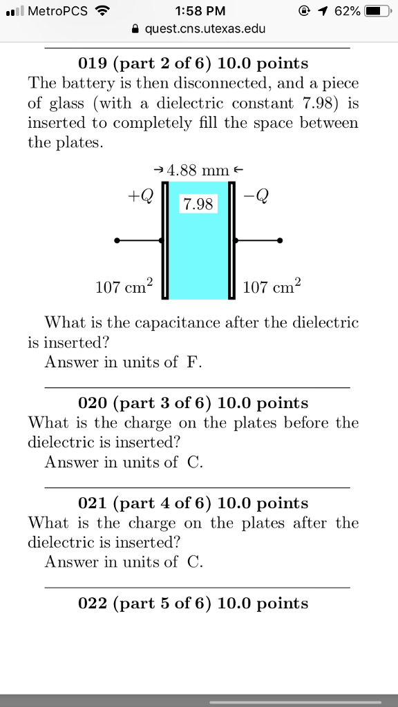 Solved .ll MetroPCS 1:58 PM 1 62% a quest.cns.utexas.edu 019 | Chegg.com