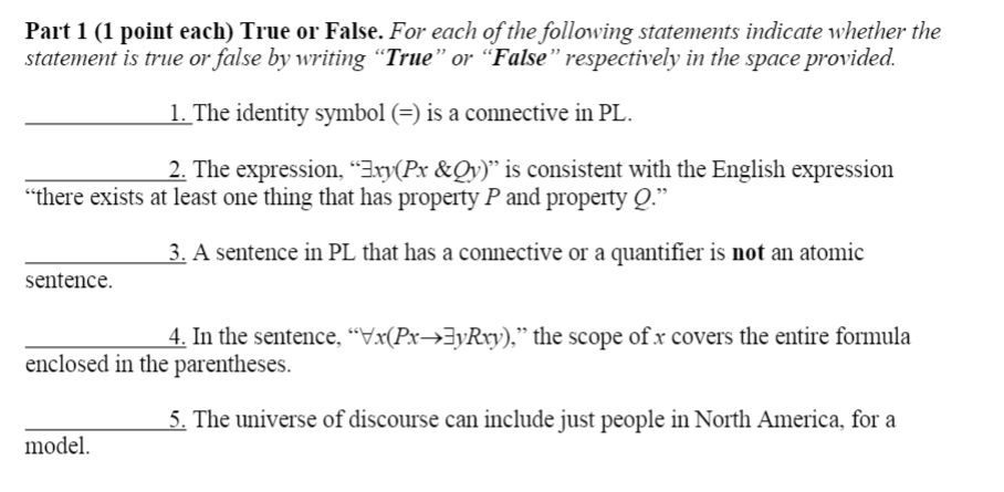 Solved Part 1 (1 point each) True or False. For each of the | Chegg.com