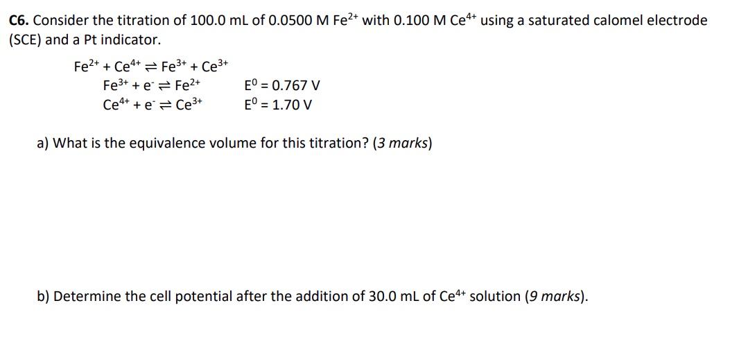 Solved Consider the titration of 100.0 mL of 0.0500 M Fe2+ | Chegg.com