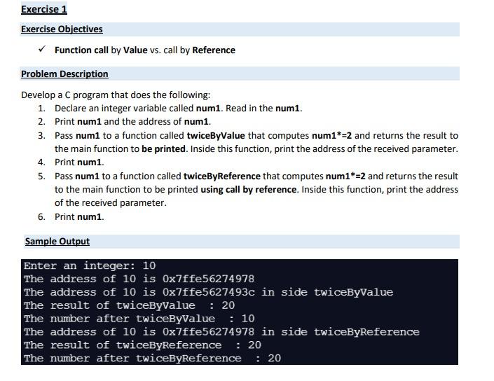 Solved Exercise 1 Exercise Objectives Function call by | Chegg.com