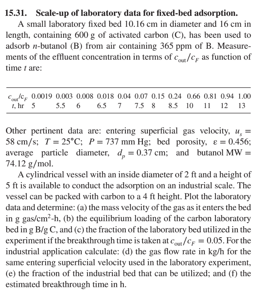 15.31. Scale-up of laboratory data for fixed-bed | Chegg.com