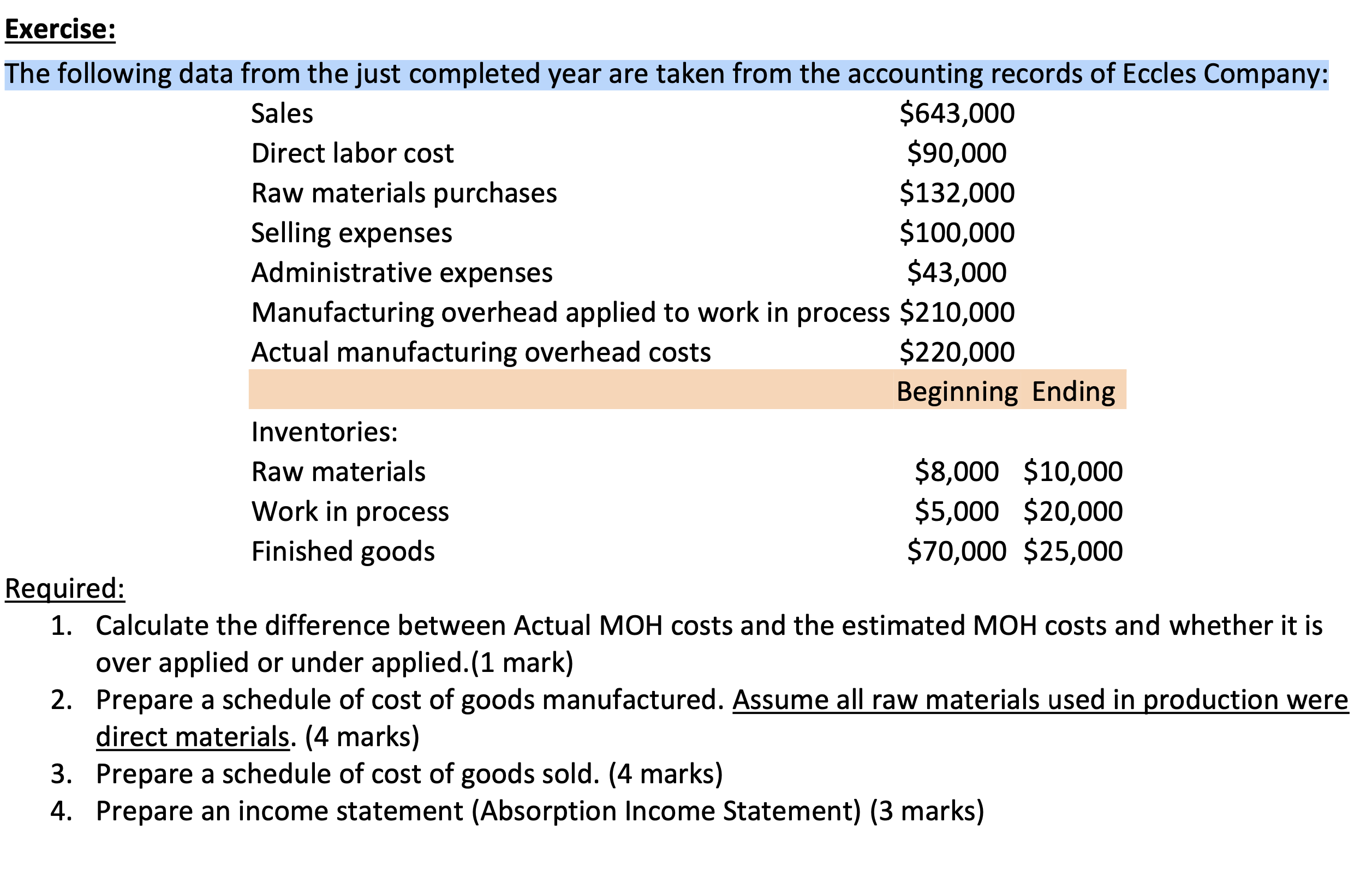 Solved 1. Calculate the difference between Actual MOH costs | Chegg.com