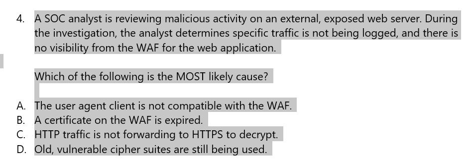Solved 4. A SOC analyst is reviewing malicious activity on | Chegg.com