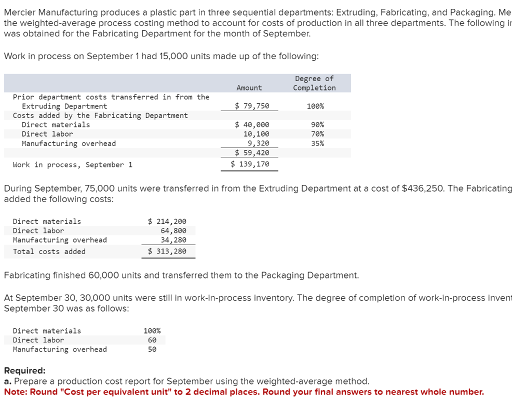 Solved Mercier Manufacturing produces a plastic part in | Chegg.com
