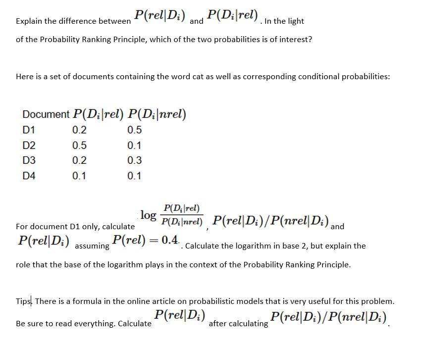 Solved Explain the difference between P(rel∣Di) and | Chegg.com