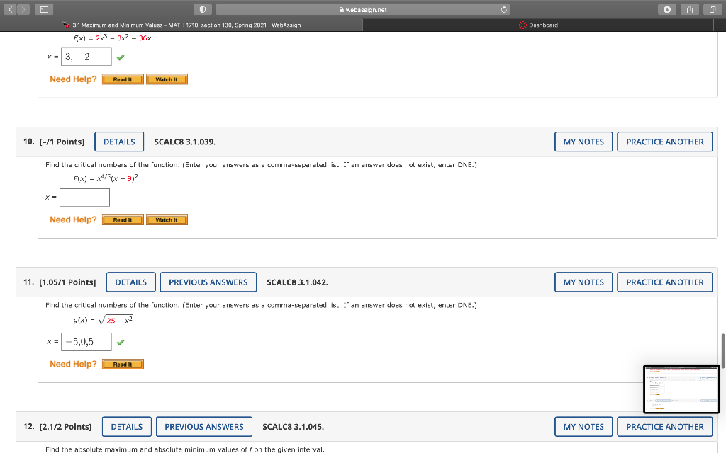 Solved A webassign.net Dashboard 3.1 Maximum and Minimum | Chegg.com