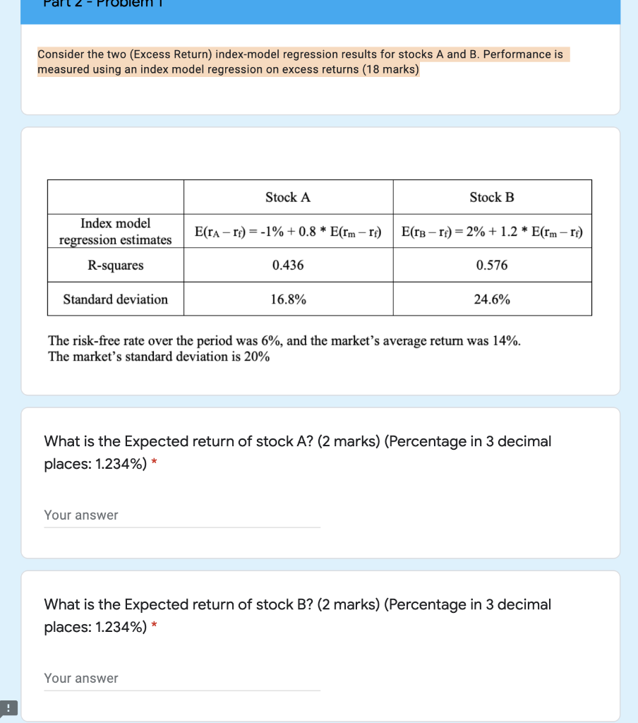 Solved Consider the two (Excess Return) index-model | Chegg.com