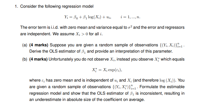 Solved 1. Consider the following regression model Y; = Bo + | Chegg.com