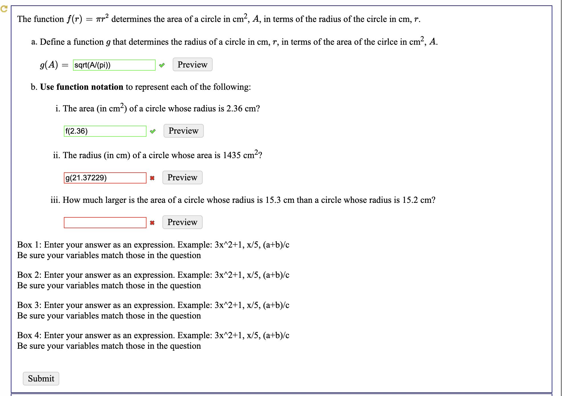 Solved The function f(r)=πr2 determines the area of a circle | Chegg.com