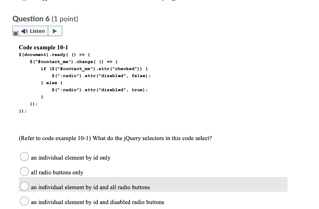 Solved Question 10 (1 point) = Listen Code example 10-1 | Chegg.com