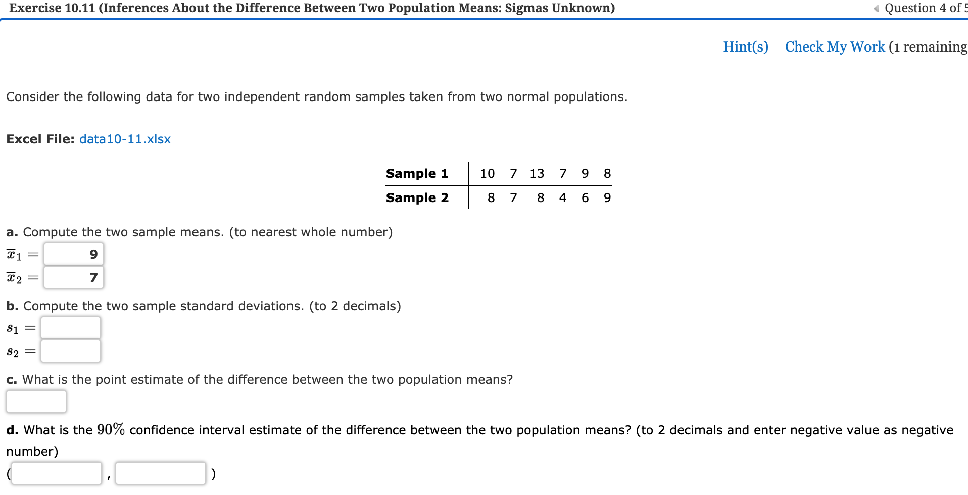 Solved Exercise 10.11 (Inferences About the Difference | Chegg.com