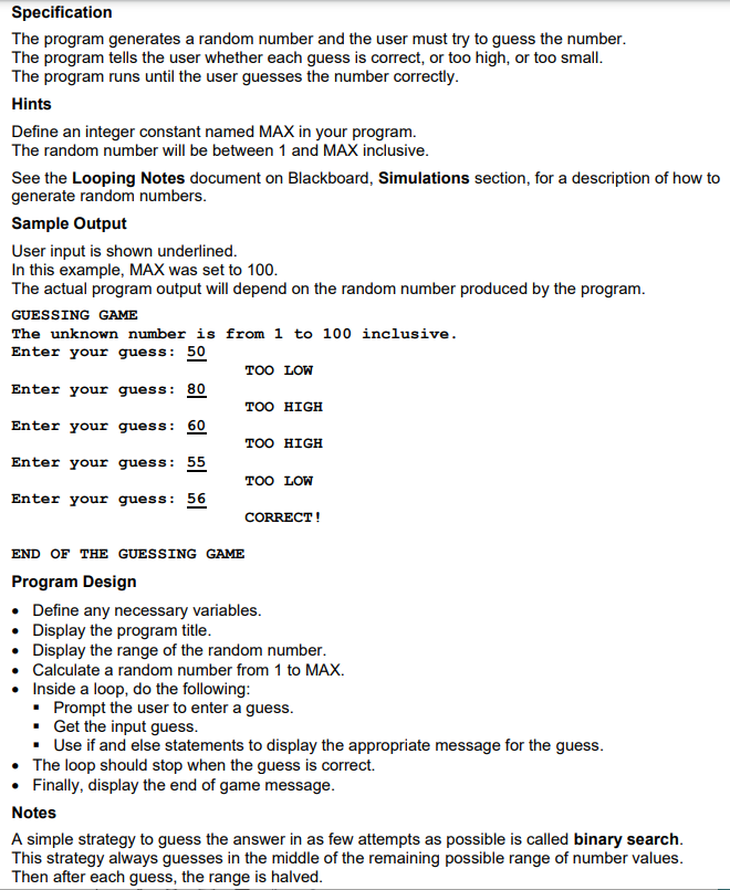 Solved Specification The program generates a random number | Chegg.com
