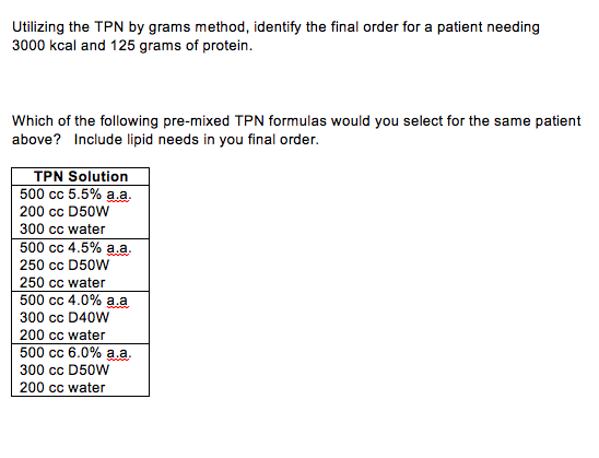 Solved Utilizing the TPN by grams method, identify the final | Chegg.com