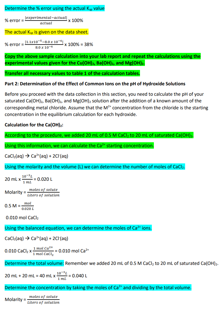 Solved Calculations: Part 1: Determine the Ksp for each | Chegg.com