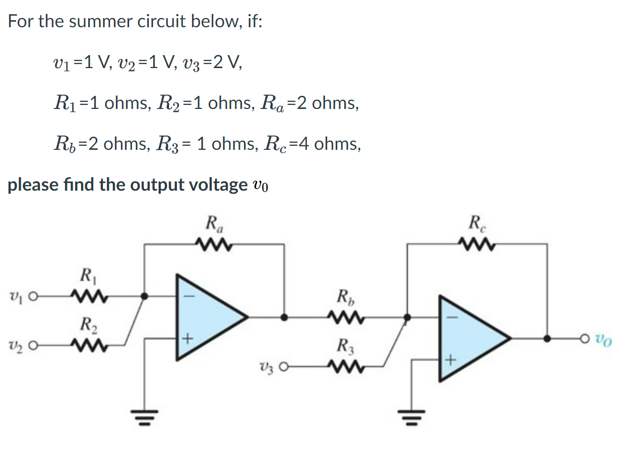 Solved For the summer circuit below, if: v1=1 V,v2=1 V,v3=2 | Chegg.com
