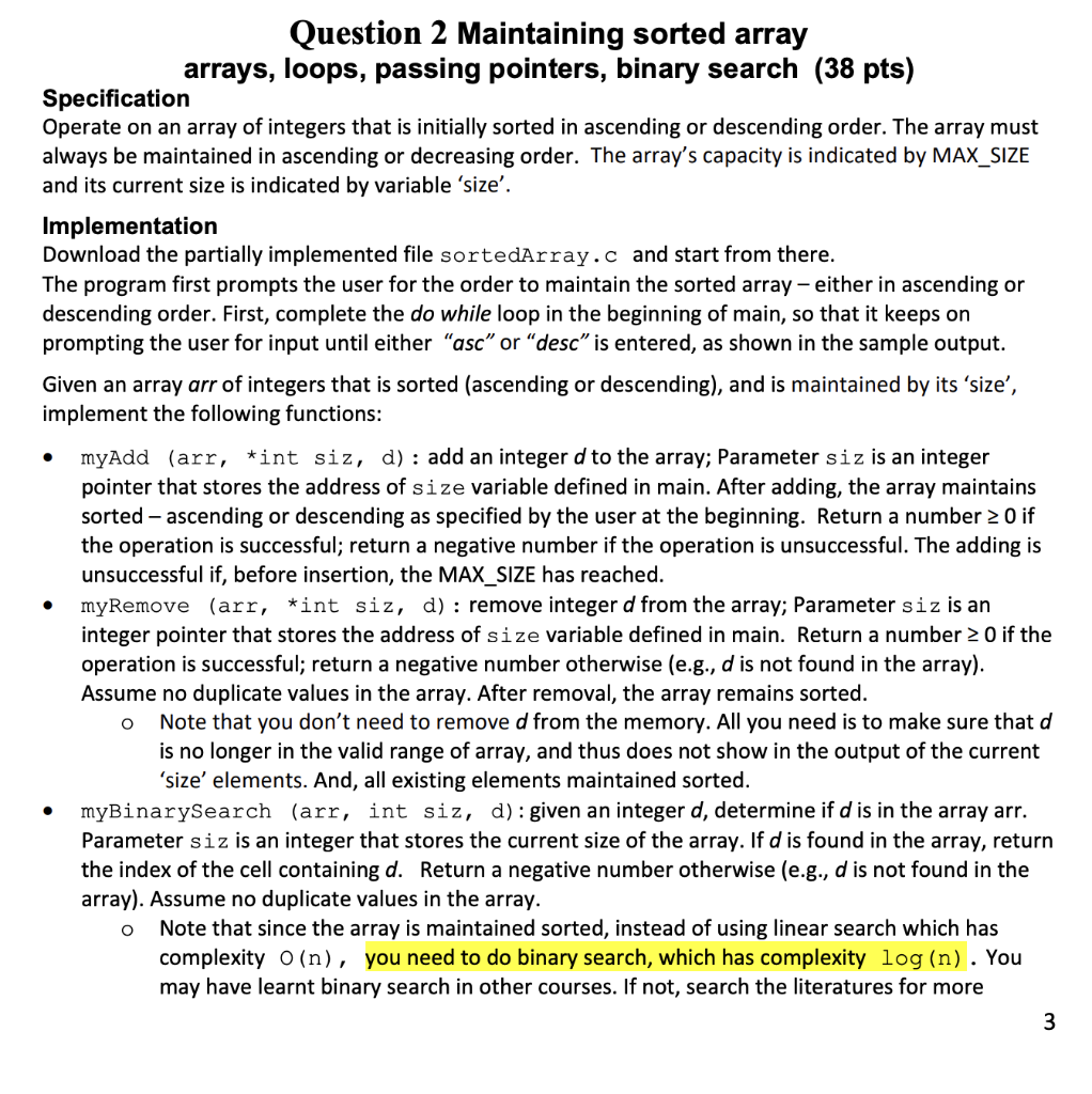Solved Question 2 Maintaining sorted array arrays, loops, | Chegg.com