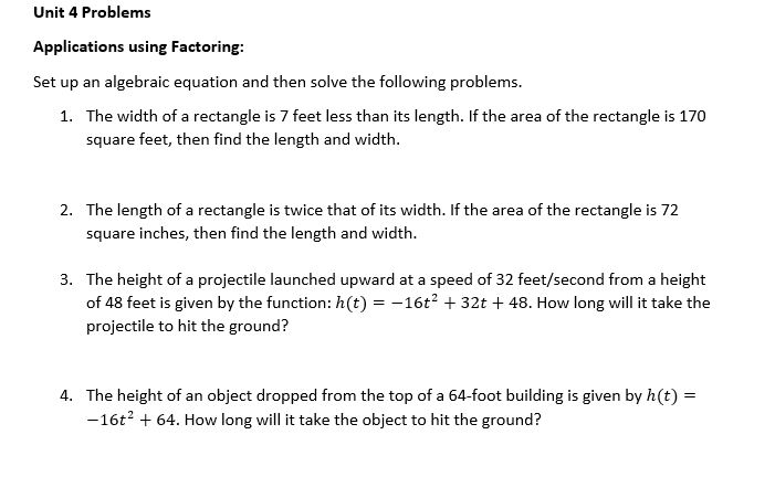 Solved Unit 4 Problems Applications Using Factoring Set Up