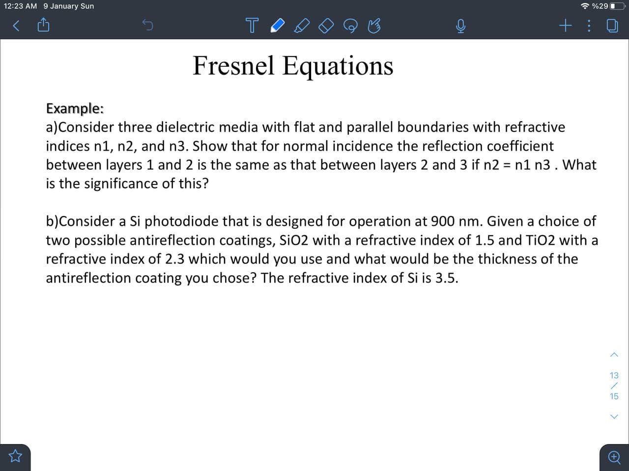 Solved 12:23 AM 9 January Sun %29 TO + : Fresnel Equations | Chegg.com