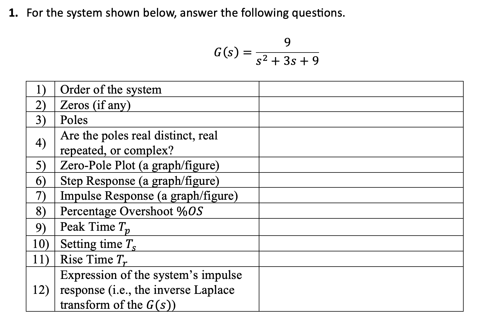 Solved 1. For the system shown below, answer the following | Chegg.com