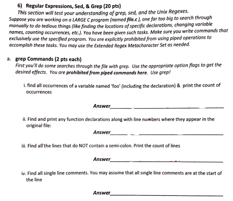 Solved 6) Regular Expressions, Sed, & Grep (20 pts) This | Chegg.com