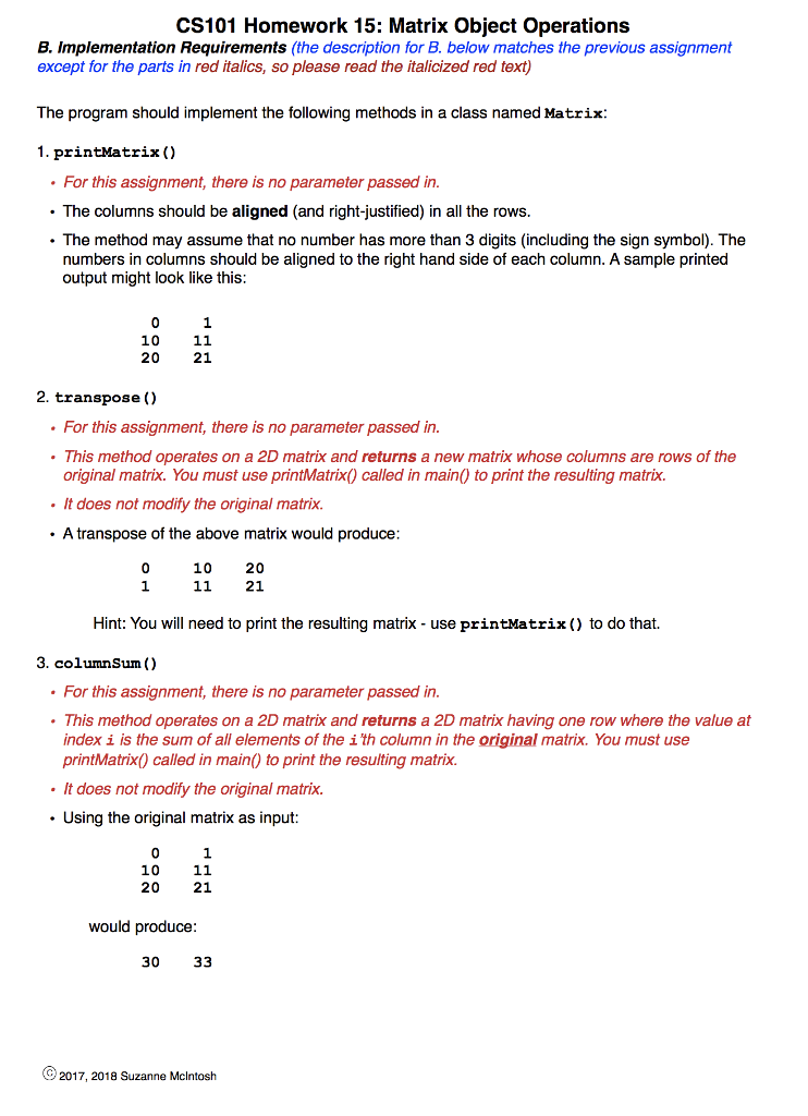 CS101 Homework 15: Matrix Object Operations In this | Chegg.com