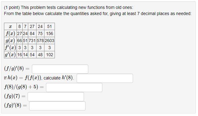 Solved (1 point) This problem tests calculating new | Chegg.com