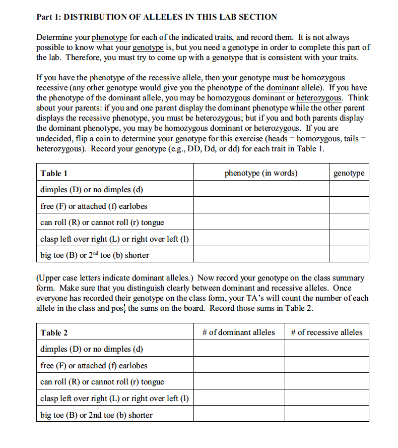Solved Part 1: DISTRIBUTION OF ALLELES IN THIS LAB SECTION | Chegg.com