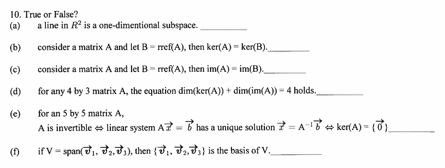 Solved 10. True or False? (a) a line in R2 is a | Chegg.com