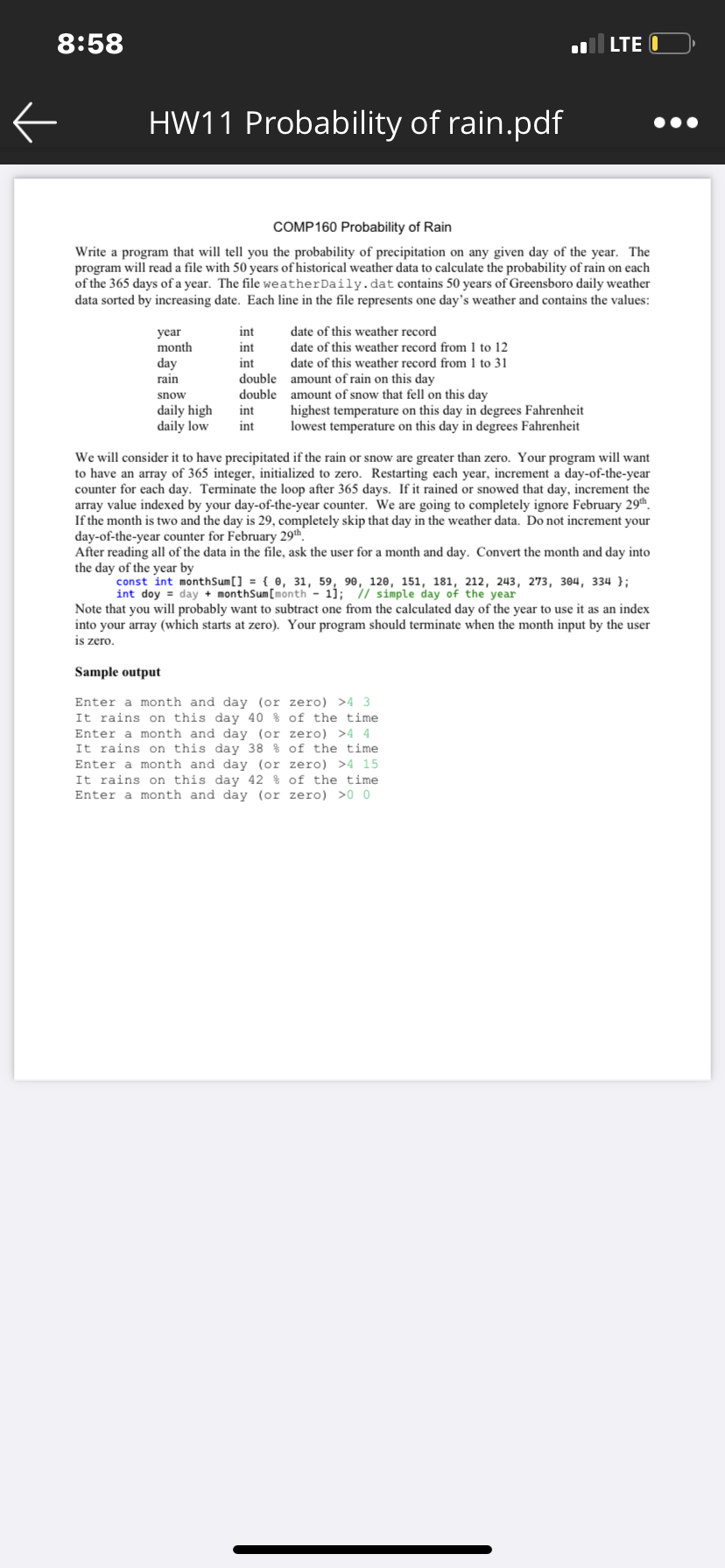 Solved 8:58 LTE O K HW11 Probability of rain.pdf 000 COMP160 | Chegg.com
