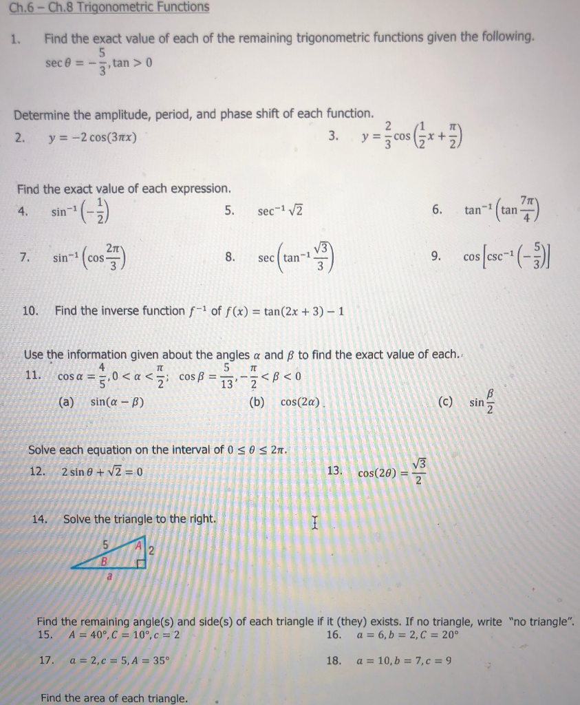 Solved Ch.6 - Ch.8 Trigonometric Functions 1. Find the exact | Chegg.com