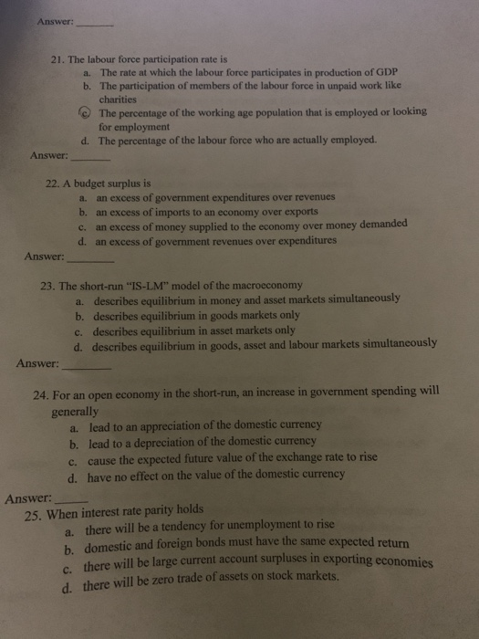 Solved Answer: 21. The labour force participation rate is | Chegg.com