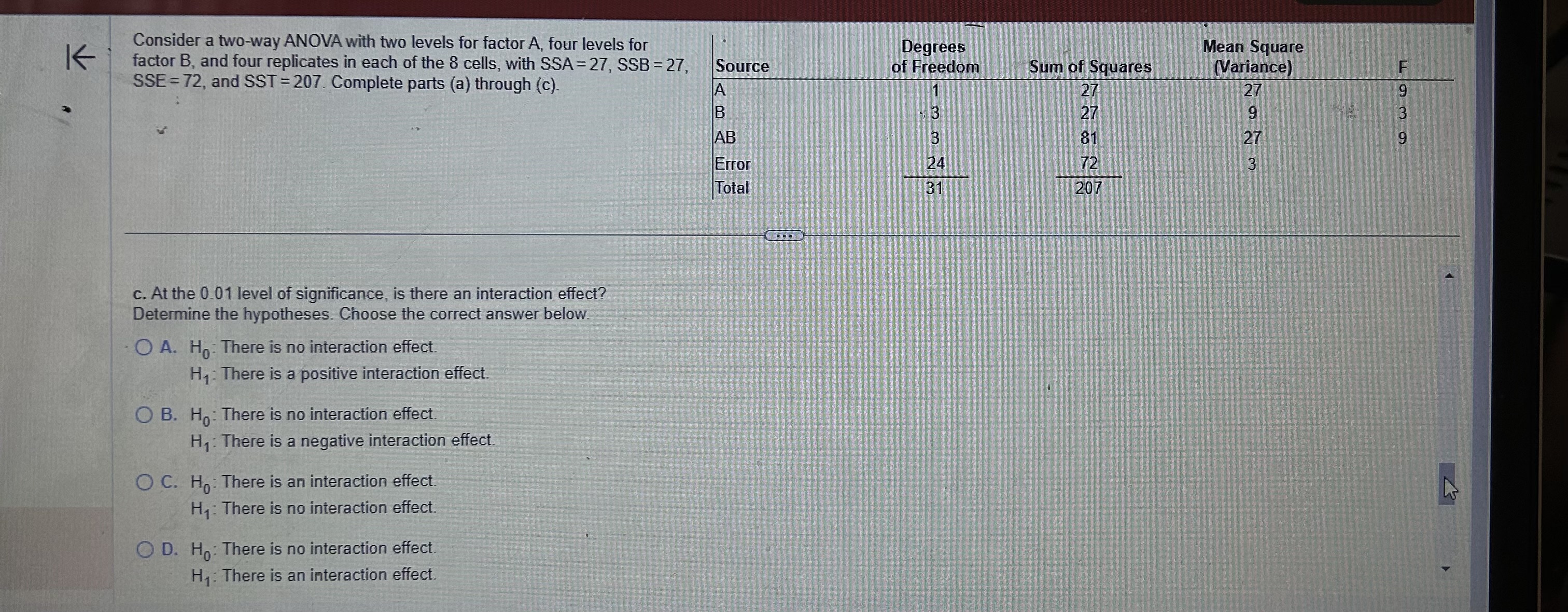 Solved Consider a two-way ANOVA with two levels for factor | Chegg.com